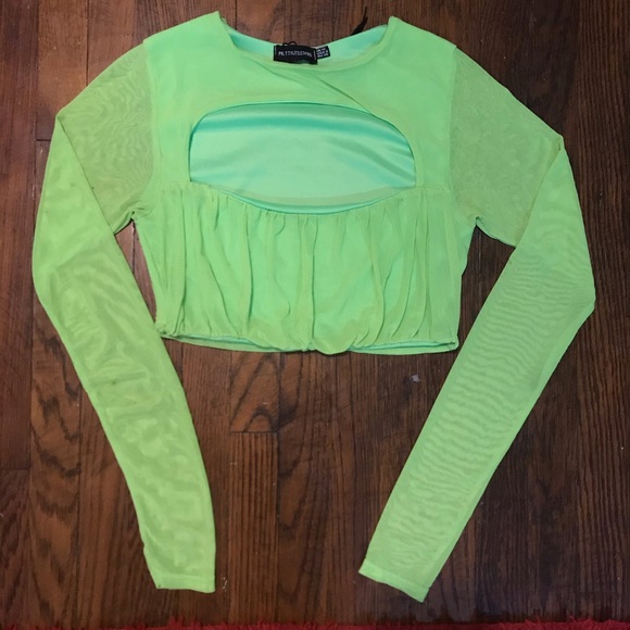 PrettyLittleThing | Tops | Neon Green Mesh Long Sleeve Crop Top | Poshmark